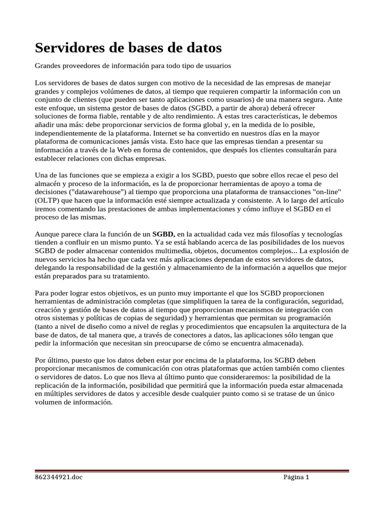 Servidores de Bases de Datos Relacionales | PDF | Bases de datos | Servidor (Computación)