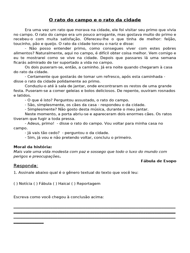 Fábula: O Rato do Campo e da Cidade | PDF