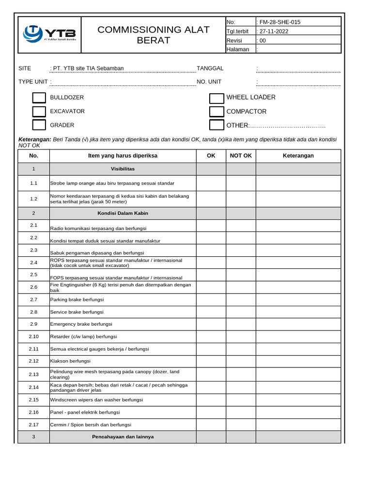 15. FM-28-SHE-015 Form Pre-Commissioning Alat Berat | PDF