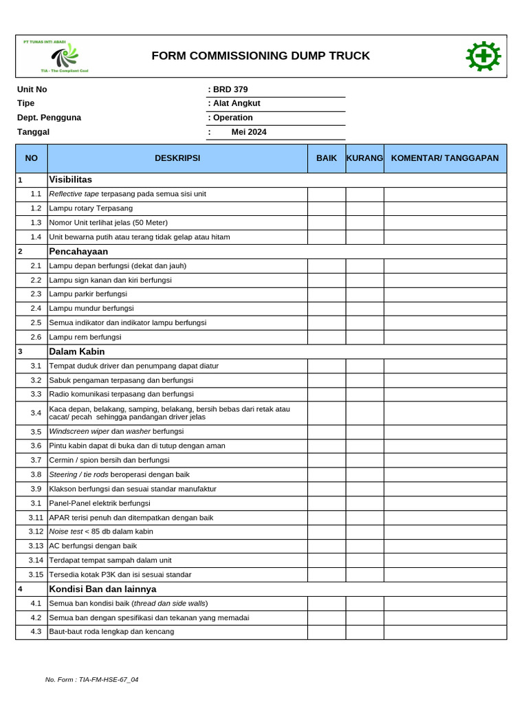 TIA-FM-HSE-67_04 Form Comissioning Dump Truck | PDF