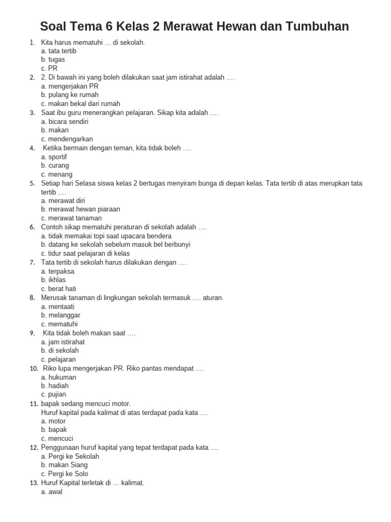 Soal Tema 6 Kelas 2 Merawat Hewan Dan Tumbuhan | PDF