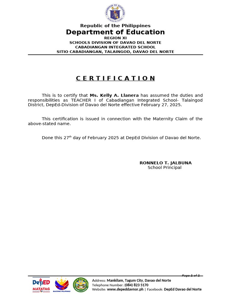 CERT-Assumption-Maternity-Leaave | PDF