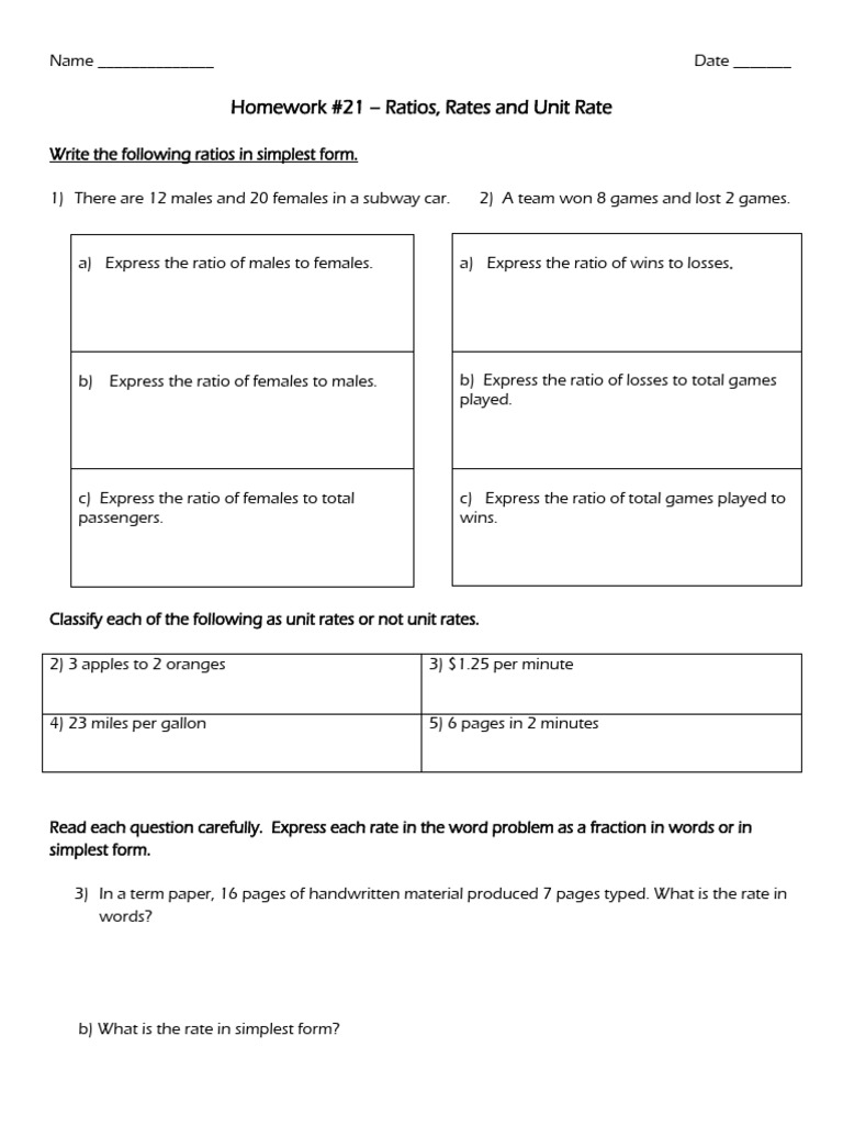 Homework 21 - Ratios Rates and Unit Rate | PDF