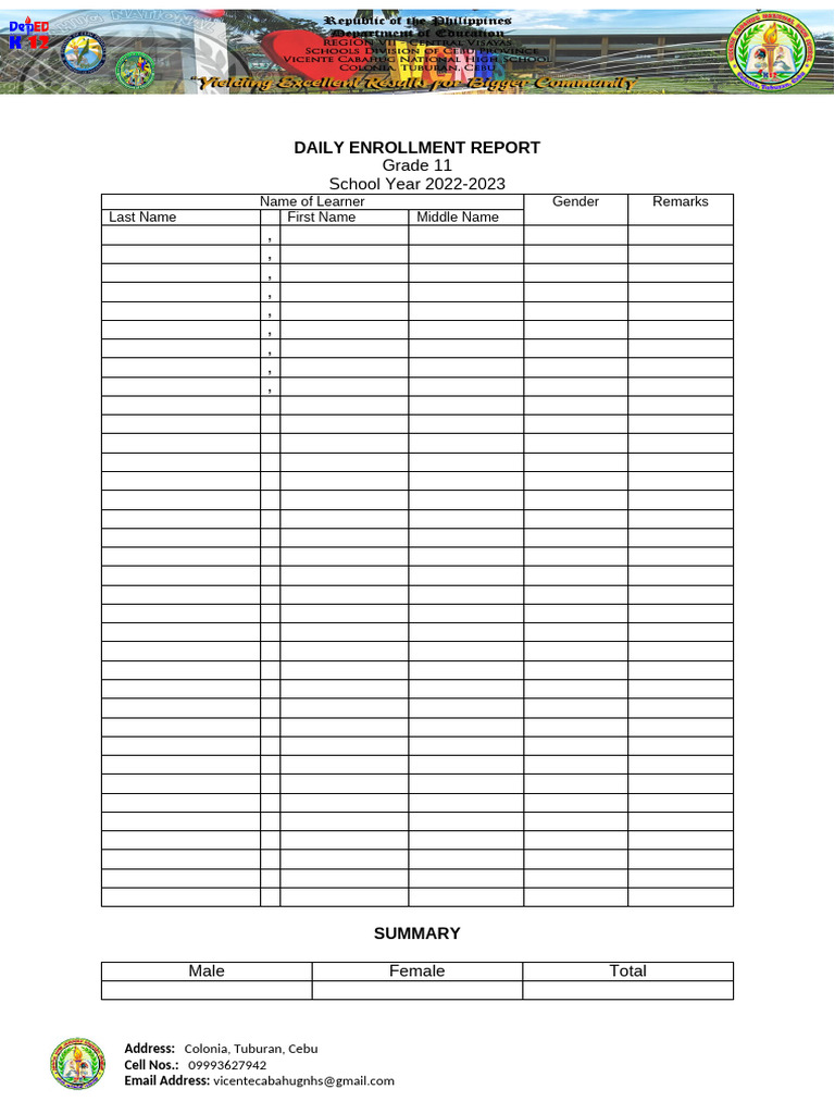 Grade 11 Daily Enrollment Report 2022-2023 | PDF