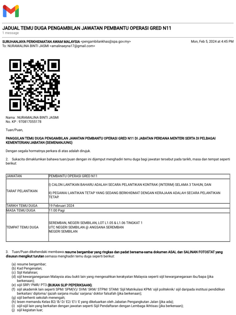 Gmail - Jadual Temu Duga Pengambilan Jawatan Pembantu Operasi Gred n11 | PDF