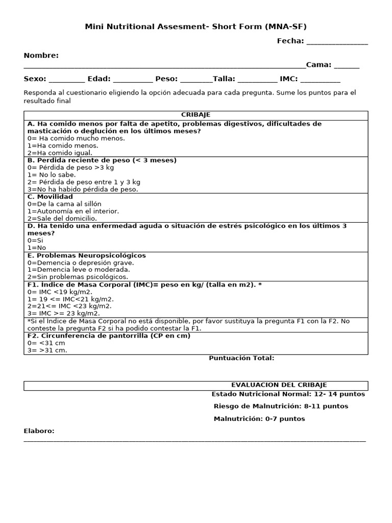 Cuestionario MNA-SF para Evaluación Nutricional | PDF