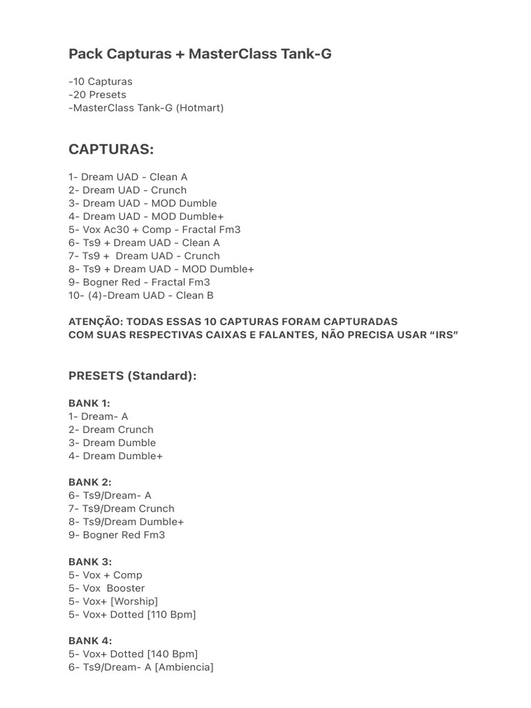 Pack Capturas e Presets Tank-G | PDF
