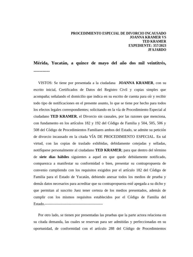 Divorcio Incausado: Caso Joanna y Ted Kramer | PDF | Divorcio | Estado ...