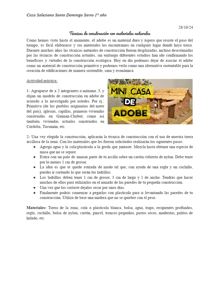 Técnica de Adobe Domingo Savio 1° Año | PDF