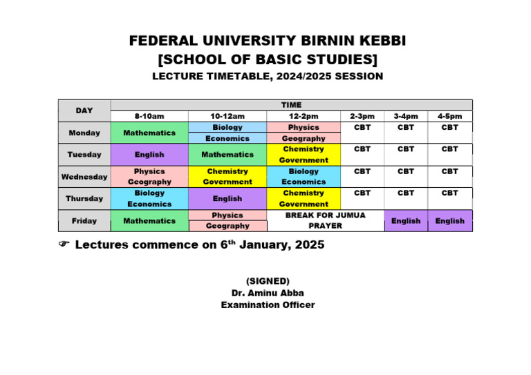 Sbs Lecture Timetable 2024-2025 | PDF