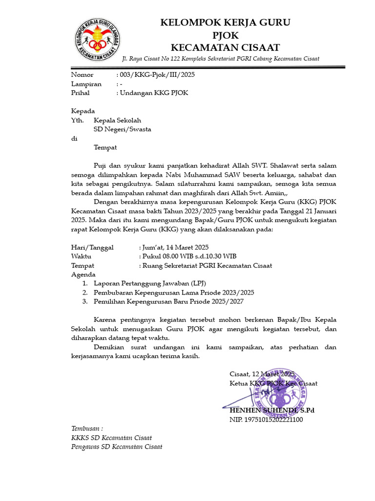 Surat Undangan Rapat KKG Pjok 14 Maret 2025 | PDF