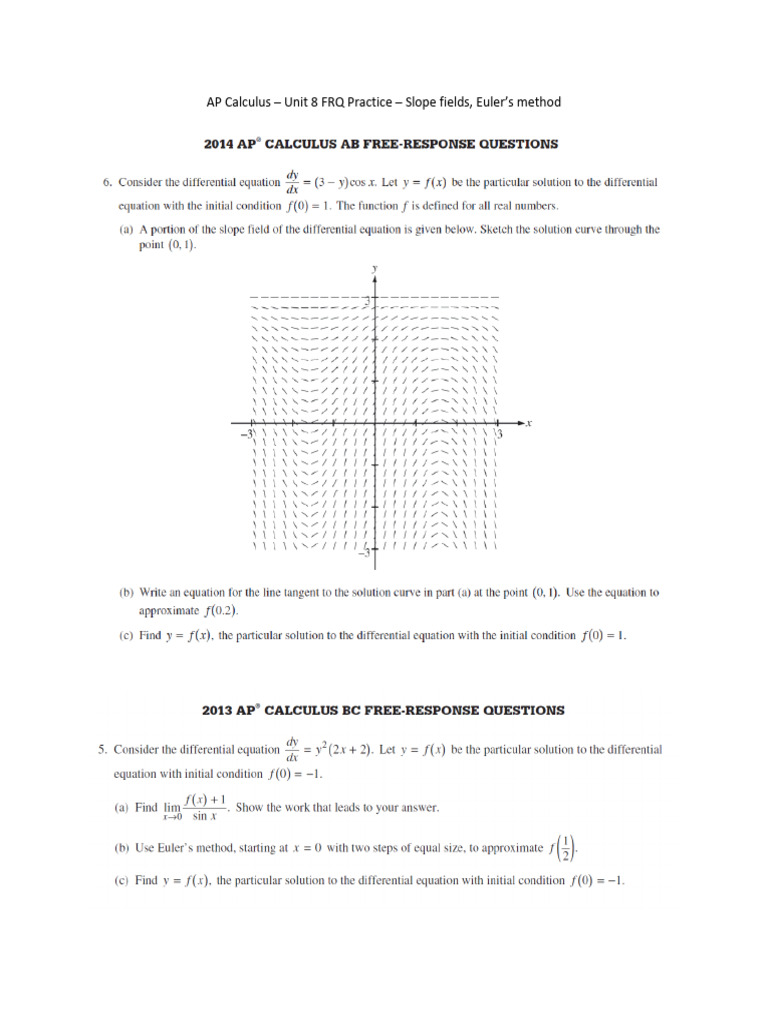 Practice FRQs - Slope fields, Euler_s method | PDF