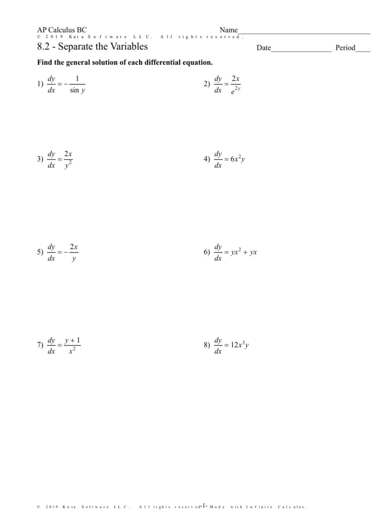 AP Calculus BC: Variable Separation Worksheet | PDF | Subtraction ...