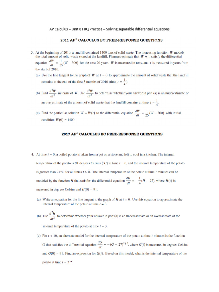 AP Calculus: Separable DE Practice | PDF