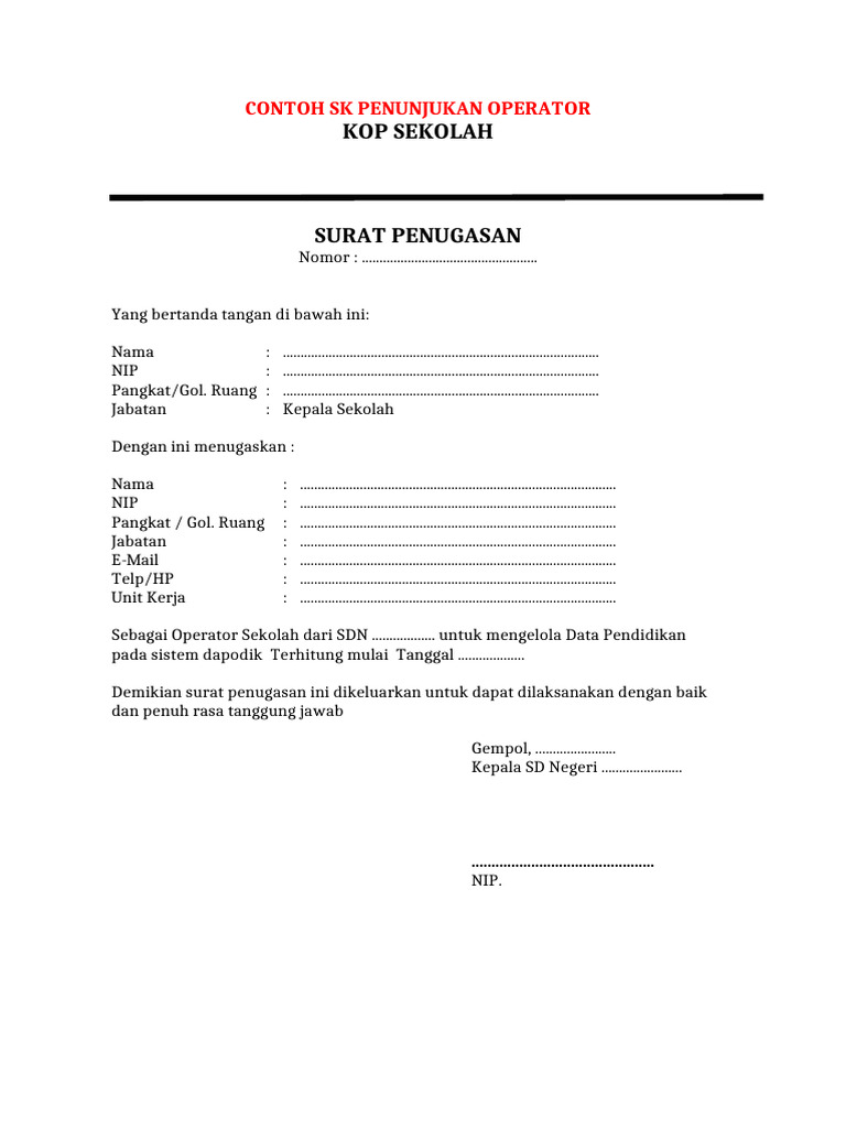 Contoh Surat Penugasan Operator Sekolah | PDF