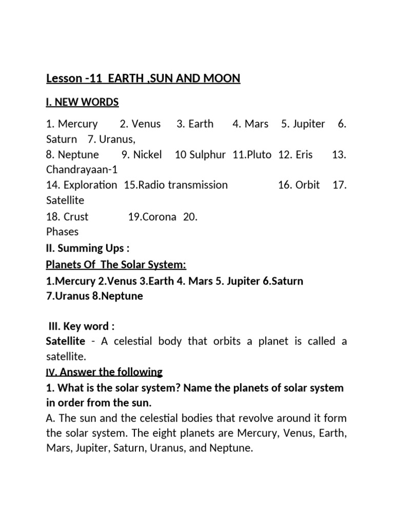 Earth, Sun, and Moon Overview for Class 5 | PDF | Planets | Moon