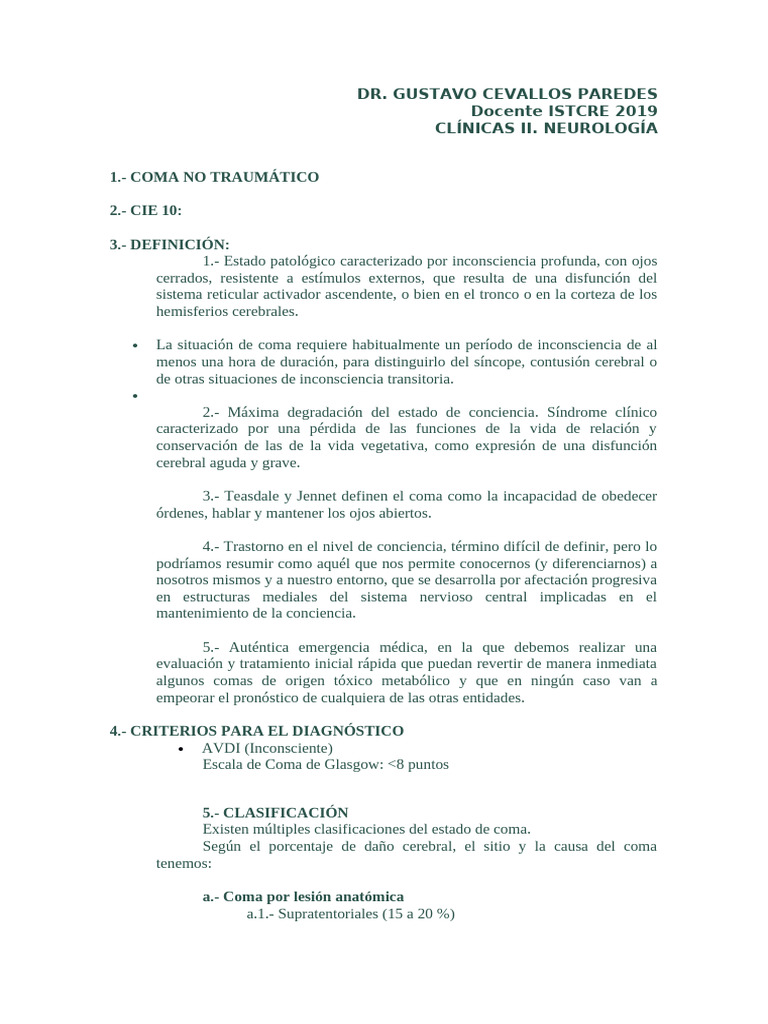 COMA NO Traumático | PDF | Coma | Presión sanguínea