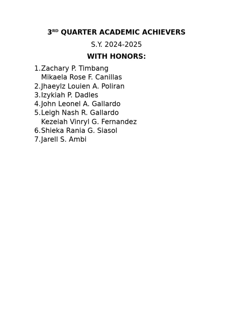 3rd Quarter Academic Achievers 2024-2025 | PDF