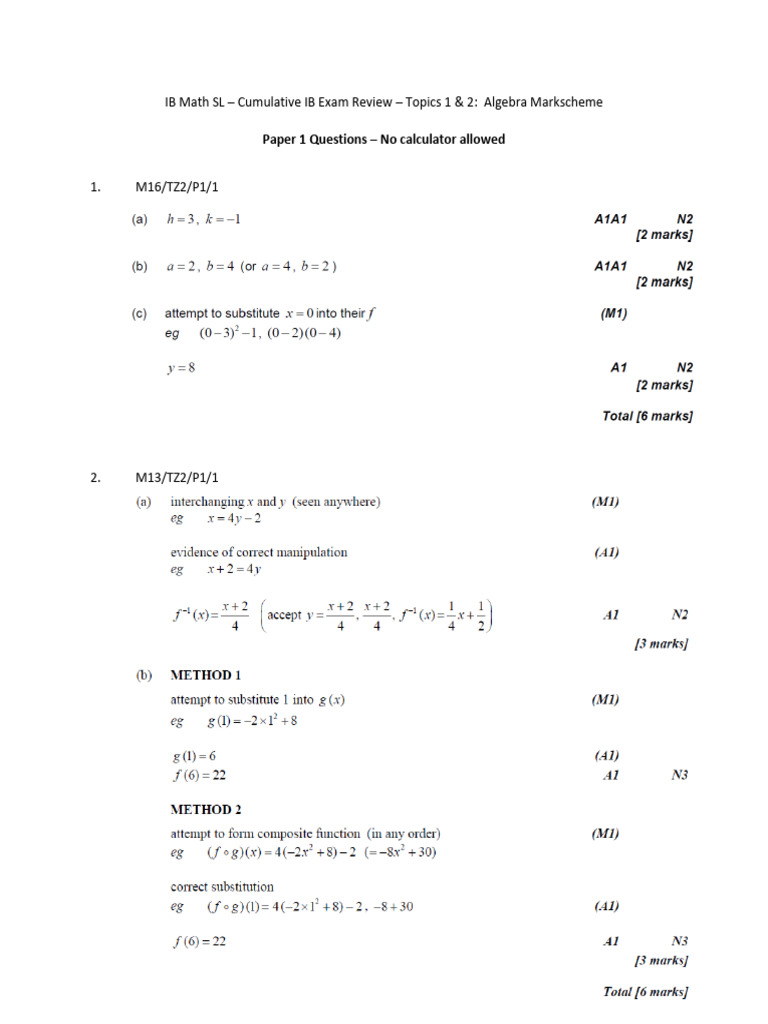 IB Math SL - IB Exam Review - Topic 1 - 2 Algebra Markscheme | PDF