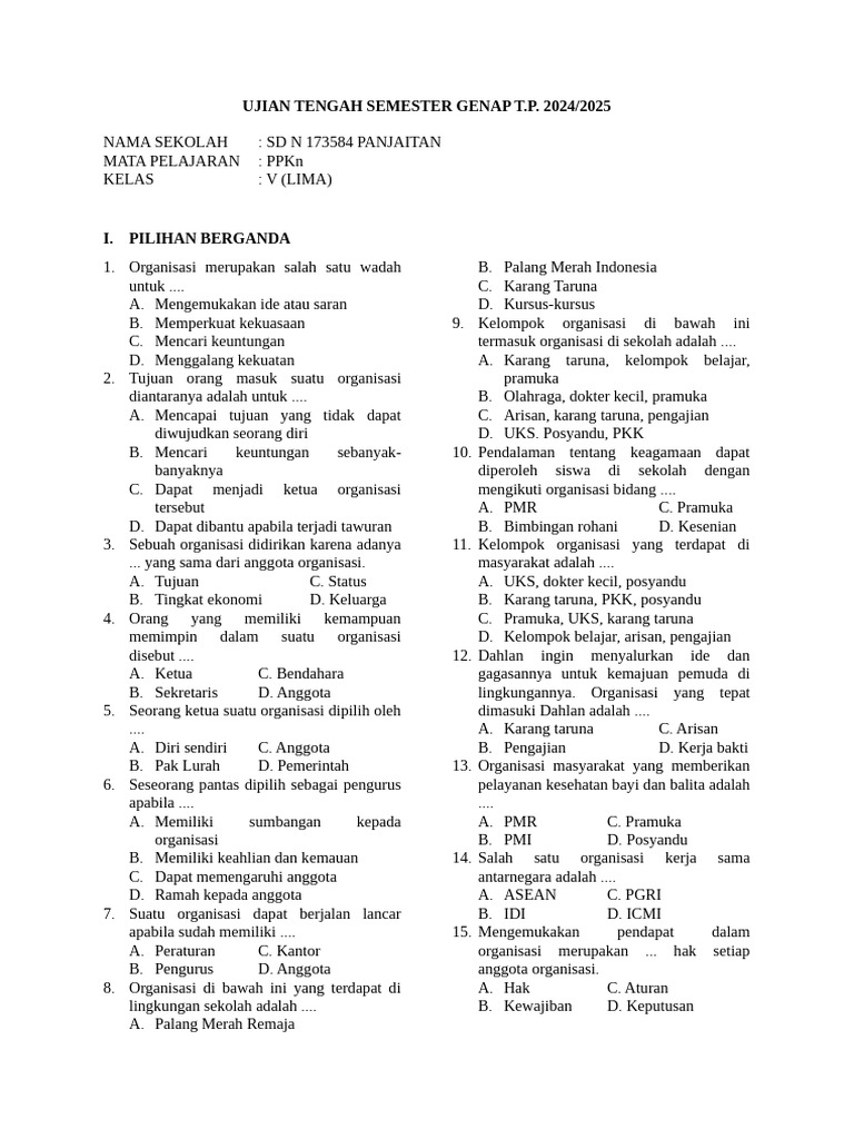 UTS Genap PPKn Kelas 5 | PDF