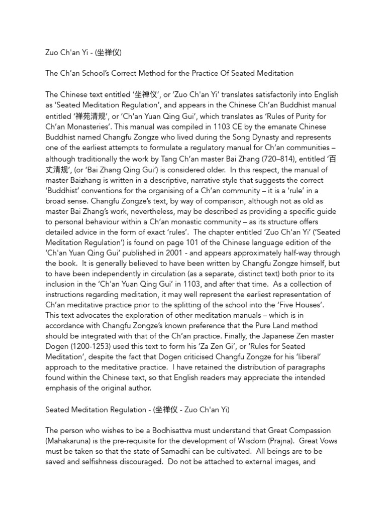 Changfu Zongze - Zuo Ch'an Yi Seated Meditation Regulation | PDF | Chan ...