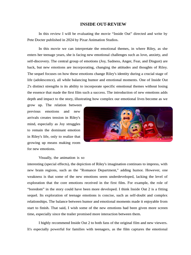 Inside Out 2 Movie Review: Emotional Growth | PDF | Emotions ...