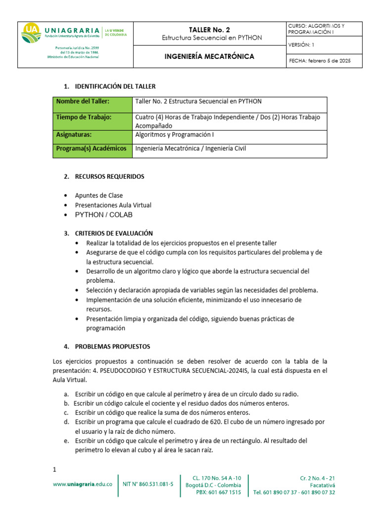 2. Taller No. 2. Estructura Secuencial en PYTHON-2025IS | PDF | Algoritmos | Algoritmos y ...
