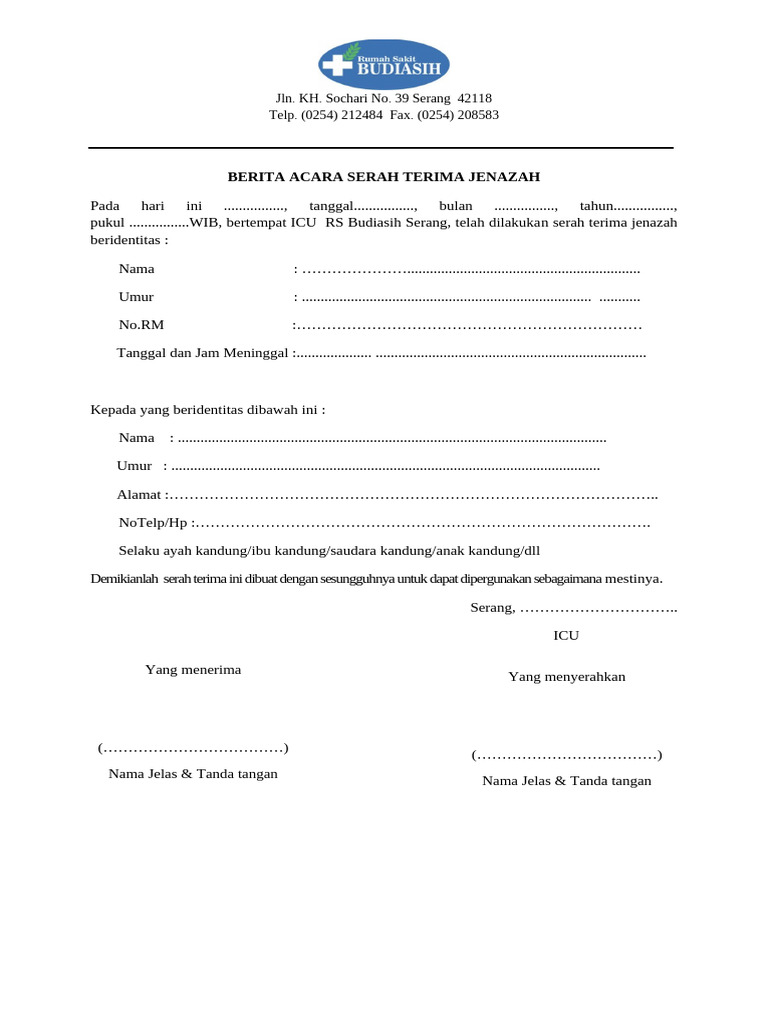 BERITA ACARA SERAH TERIMA JENAZAH Kekeluarga | PDF