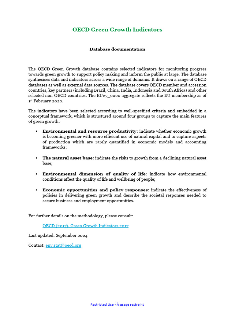 Green Growth Indicators Database - Documentation | PDF | Gross Domestic Product | Renewable Energy