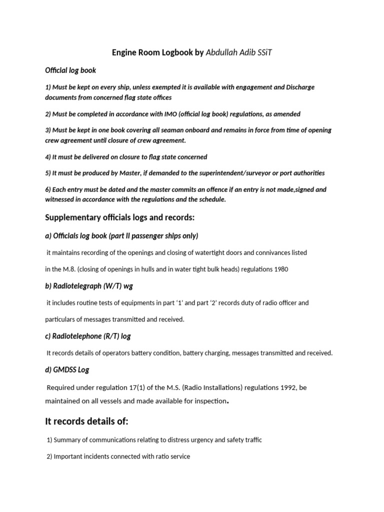 Engine Room Logbook by Abdullah Adib SSiT | PDF | Ships | Turbocharger