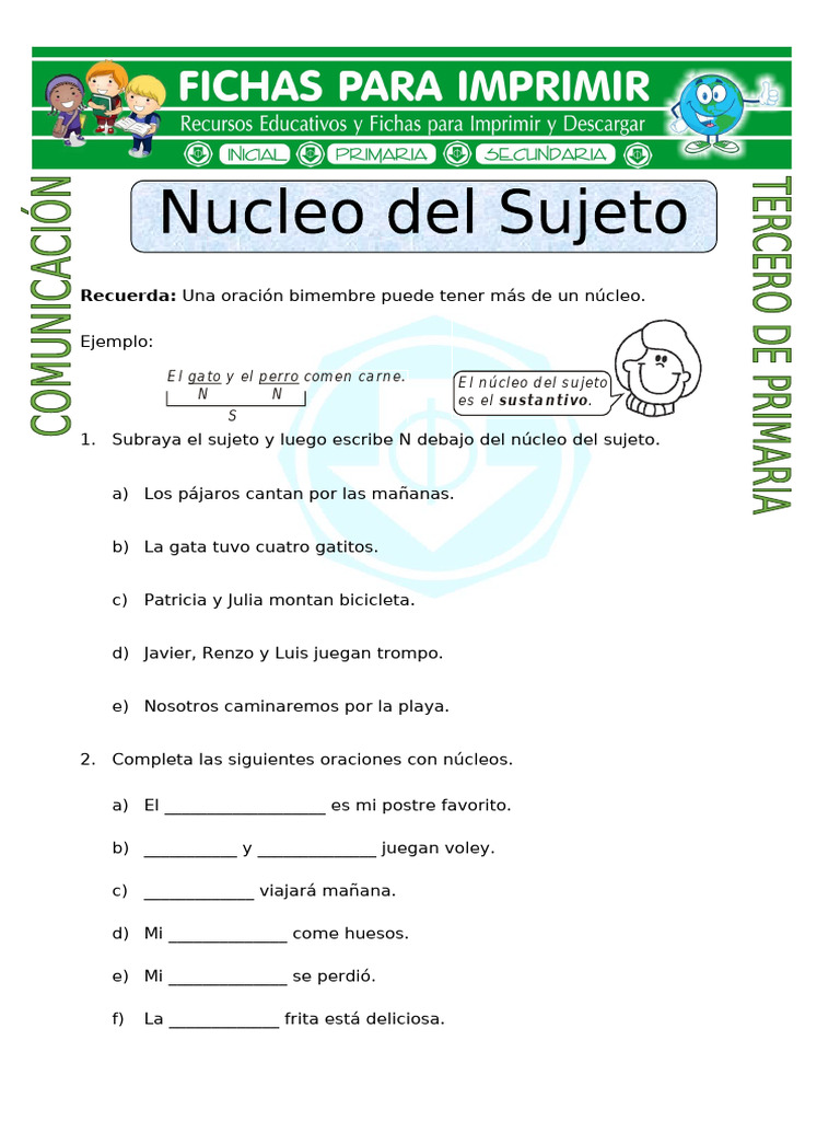 Ficha Nucleo Del Sujeto para Tercero de Primaria | PDF