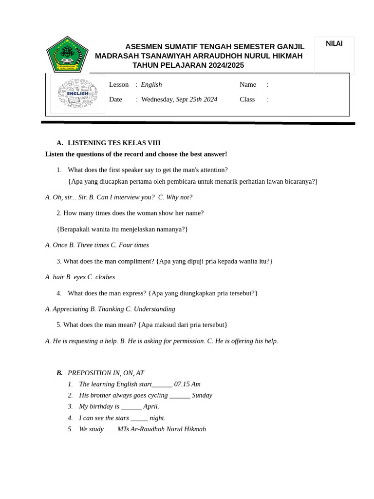 Soal Assesmen Tengah Semester-BING 8 | PDF