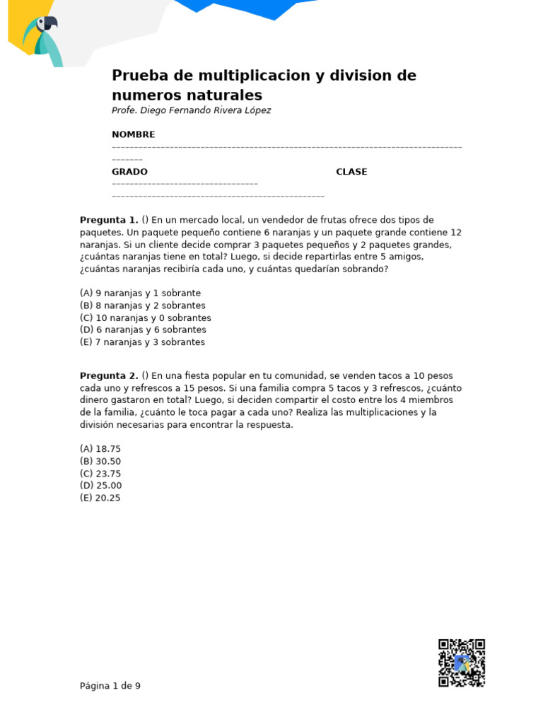 Prueba de Multiplicacion y Division de Numeros Naturales | PDF