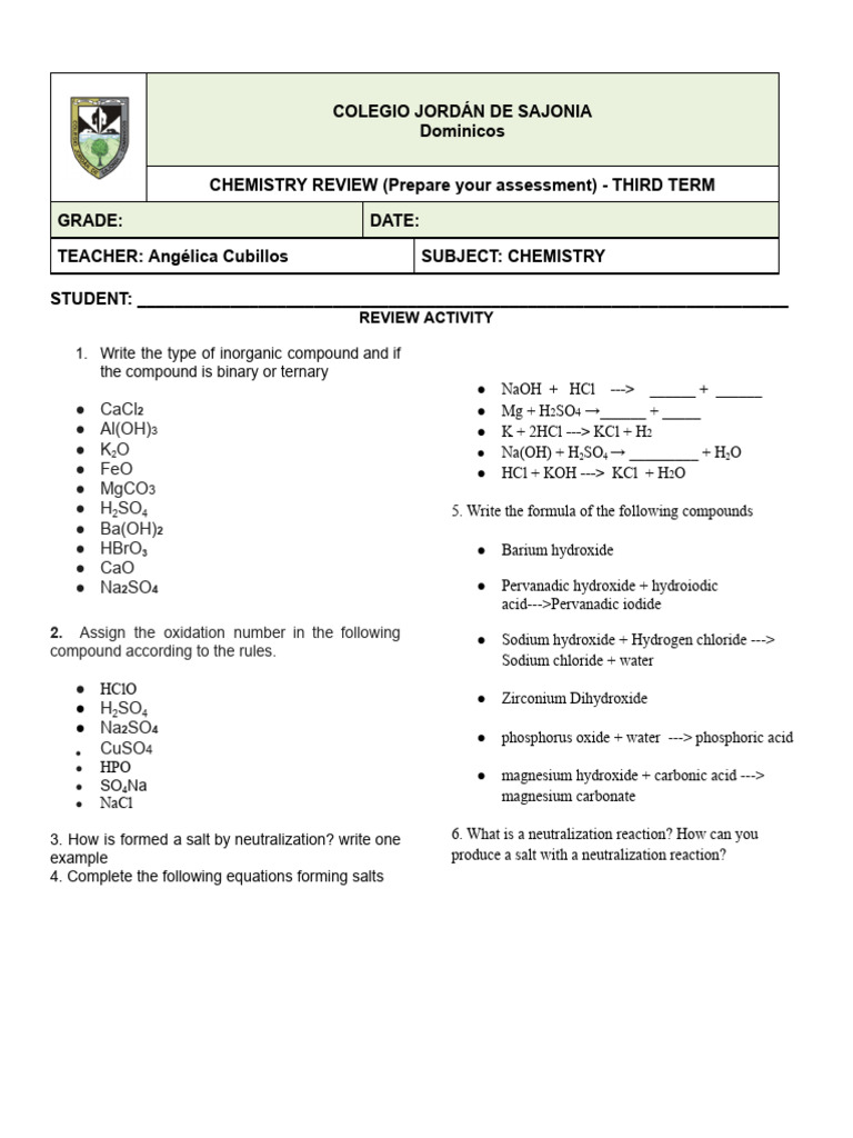 Chemistry Review - Third Term | PDF