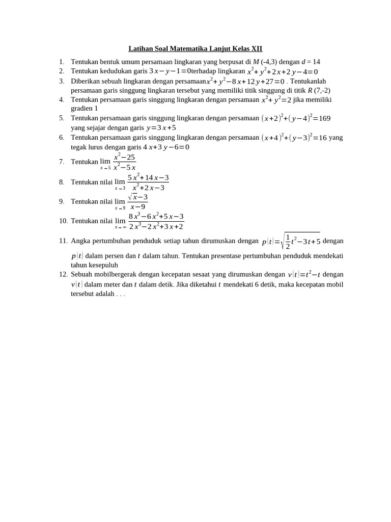 Latihan Soal Matematika Lanjut Kelas XII | PDF