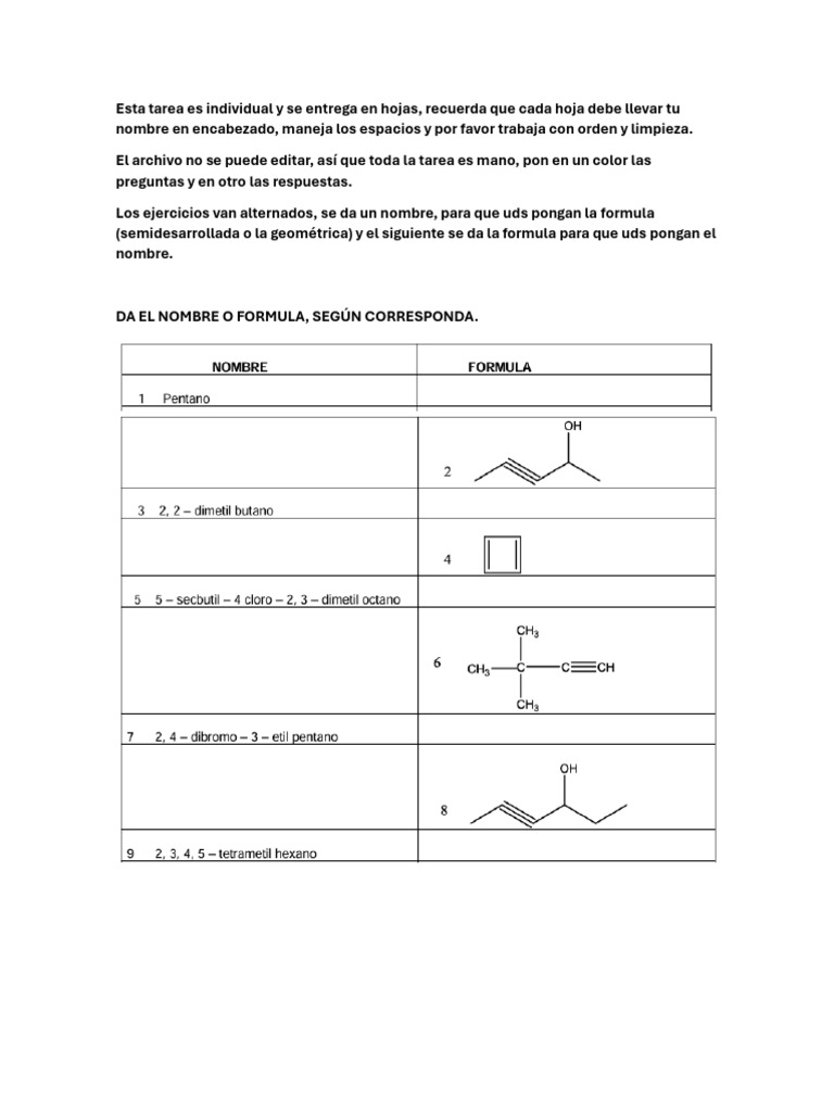 TAREA PARA ENTREGA, Nombre o Formula de HC Ano-Eno-Ino | PDF