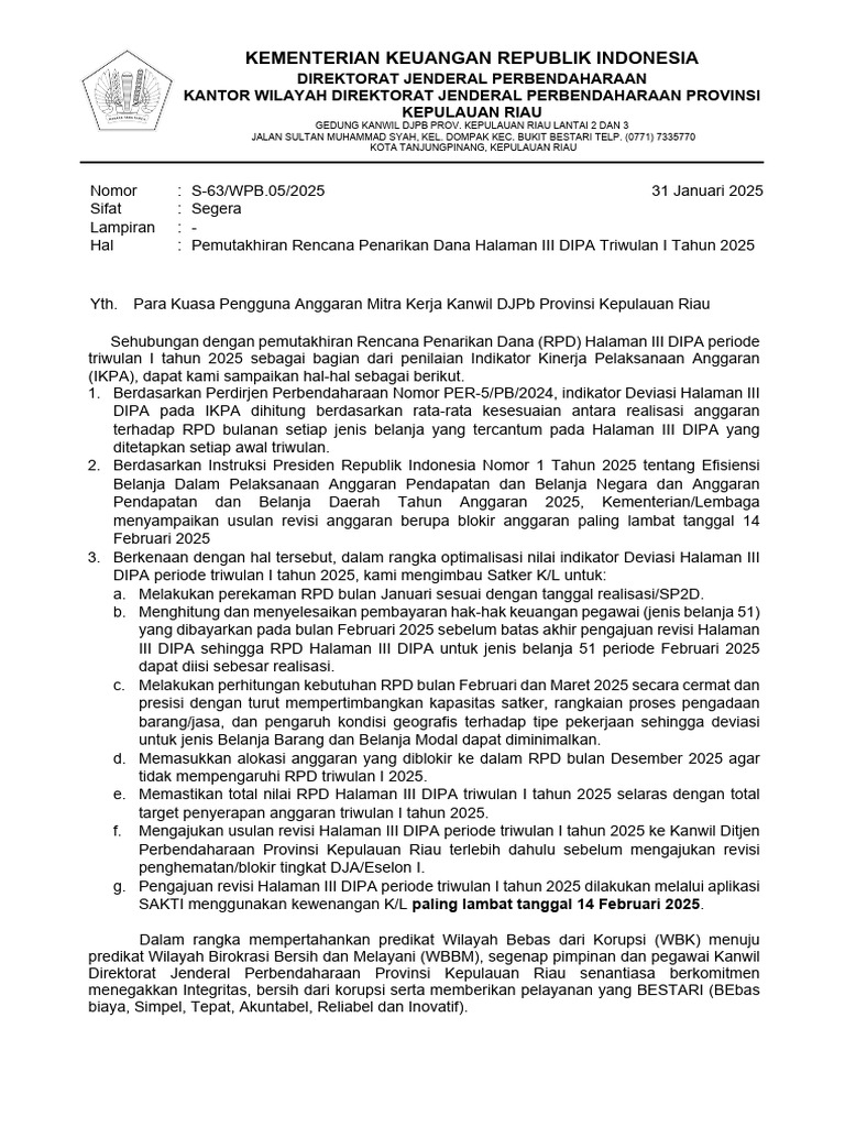 Pemutakhiran Rencana Penarikan Dana Halaman III DIPA Triwulan I Tahun 2025pdf | PDF
