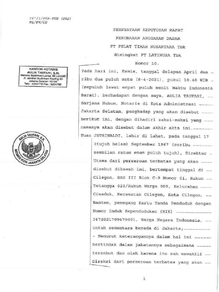 Akta No_ 10 Tgl_ 8 April 2021_pkr-Ptn(Pad) 2 (1) | PDF