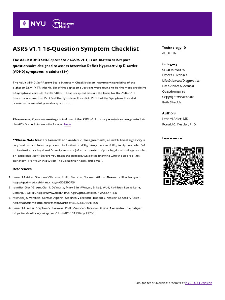 Asrs v11 18 Question Symptom Checklist | PDF | Attention Deficit ...