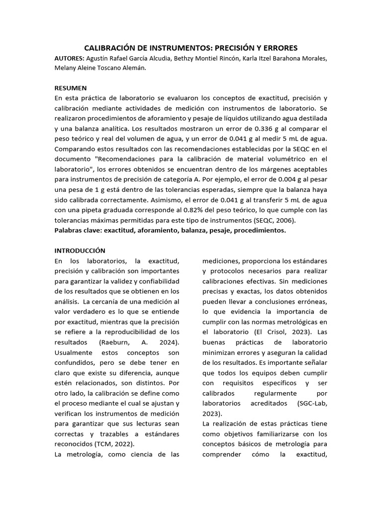 Práctica de Calibración de Instrumentos Qa | PDF | Calibración | Metrología