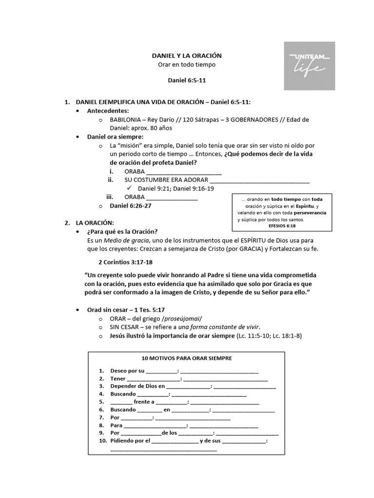 UniTeam JOVENES - ORAR EN TODO TIEMPO (Daniel y la oración) | PDF | Oración | Creencia y ...