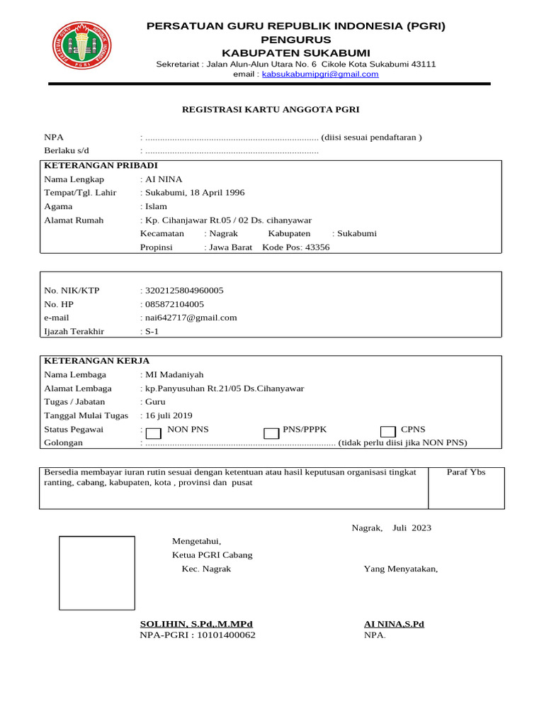Formulir Registrasi Anggota PGRI | PDF