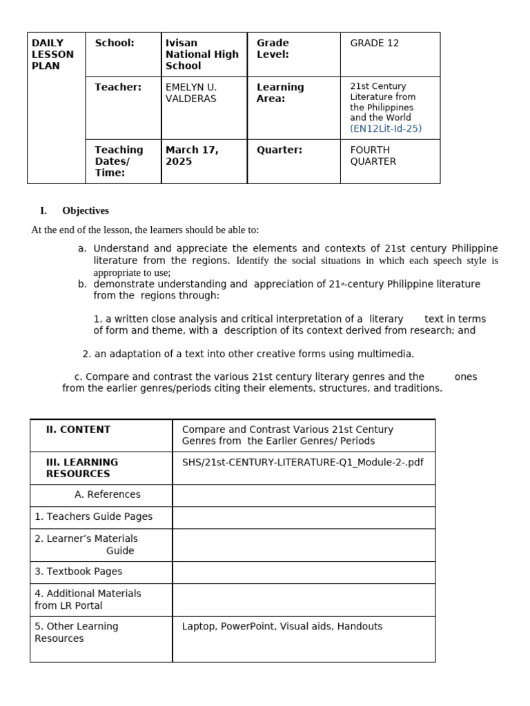 Grade 12 Literature Lesson Plan | PDF | Poetry | Writing
