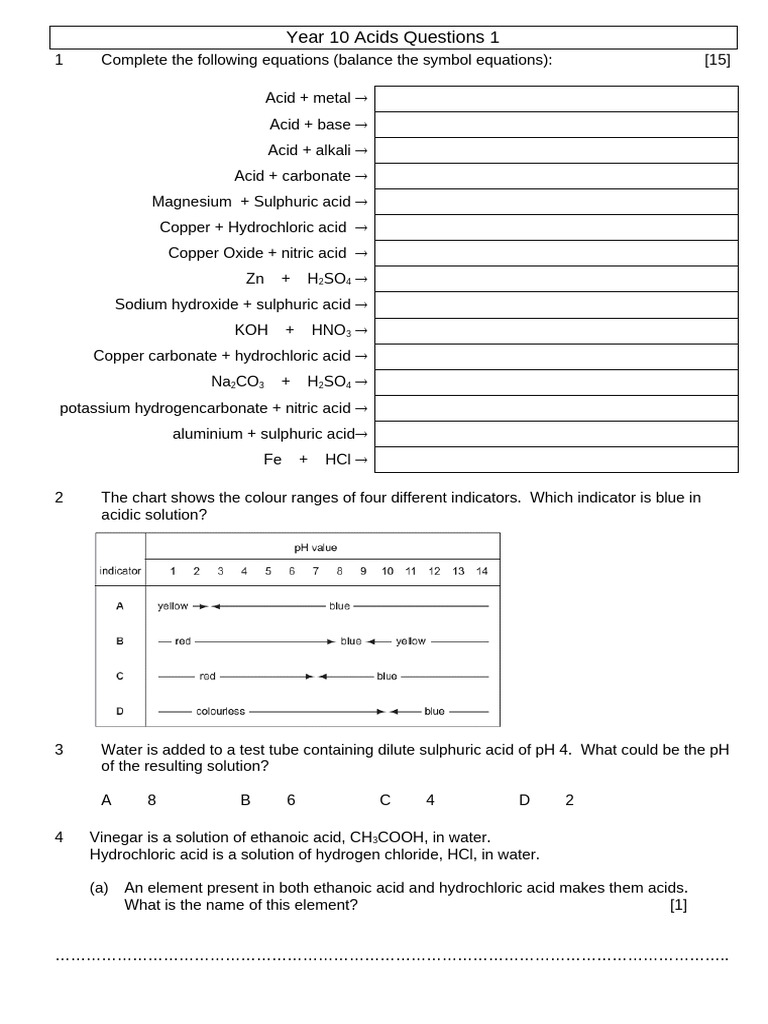 Year 10 Acids and Reactions Quiz | PDF | Acid | Hydrochloric Acid