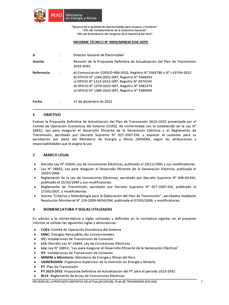 INFORME TÉCNICO N° 0099-MINEM-DGE-DEPE.pdf | PDF | Presupuesto | Perú