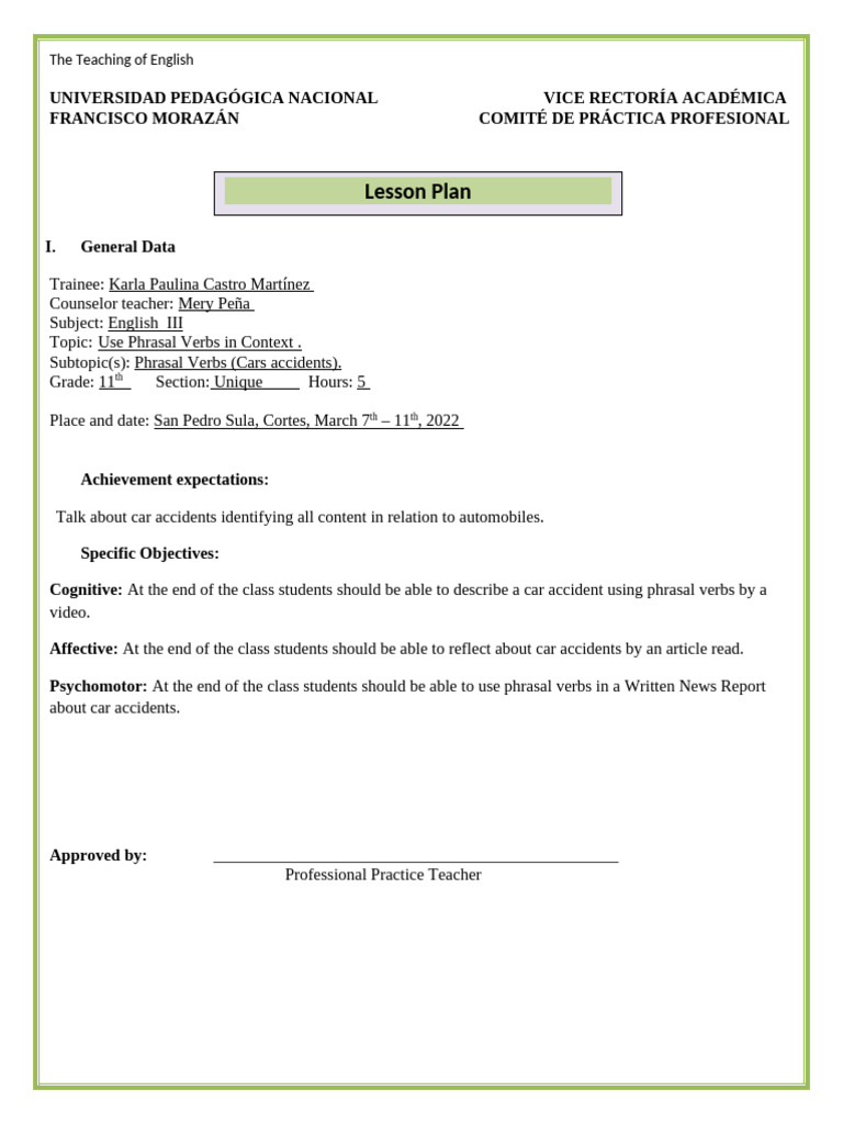 Lesson Plan Week 1 11th BTP AEB KarlaCastro | PDF | English Language ...