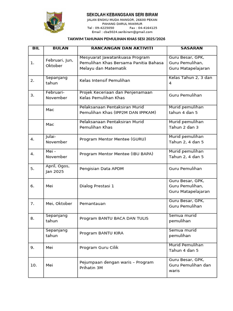 TAKWIM-TAHUNAN-PEMULIHAN-KHAS | PDF