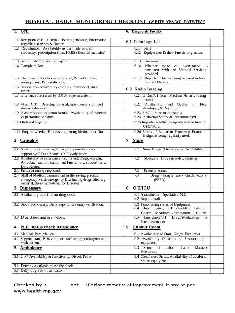 Hopsital Incharge Checklist | PDF | Hospital | Emergency Department