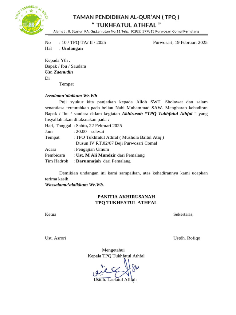 Undangan pengajian TPQ TA 2025 | PDF