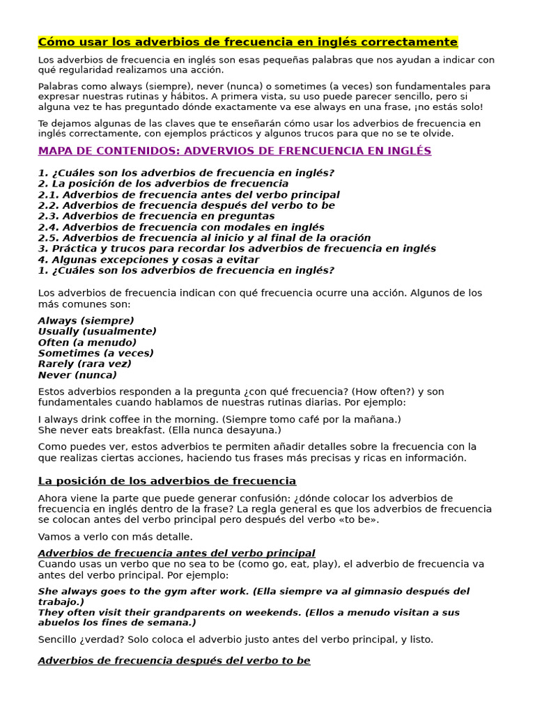 Adverbios Frecuencia | PDF | Adverbio | Verbo
